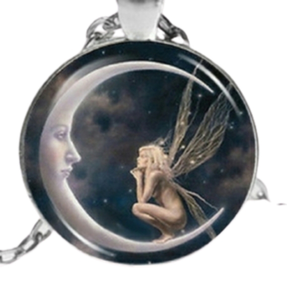Jewelry | Fairy Necklace Fairy Looking At Crescent Moon Magical New ...